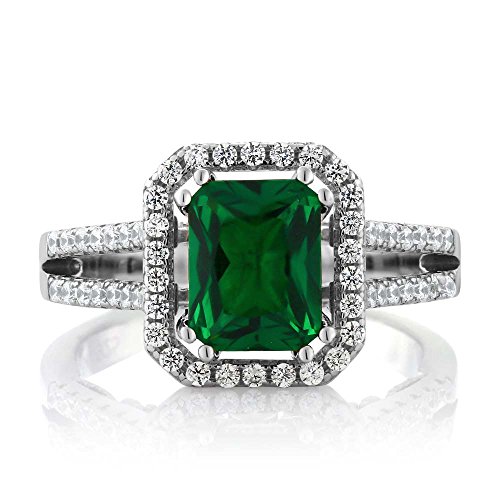 Gem Stone King 925 Sterling Silver Green Simulated Emerald Engagement Ring | 2.78 Cttw | Emerald Cut 9X7MM | Wedding Anniversary Promise Ring For Women | Size 5,6,7,8,9