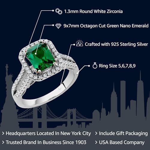 Gem Stone King 925 Sterling Silver Green Simulated Emerald Engagement Ring | 2.78 Cttw | Emerald Cut 9X7MM | Wedding Anniversary Promise Ring For Women | Size 5,6,7,8,9