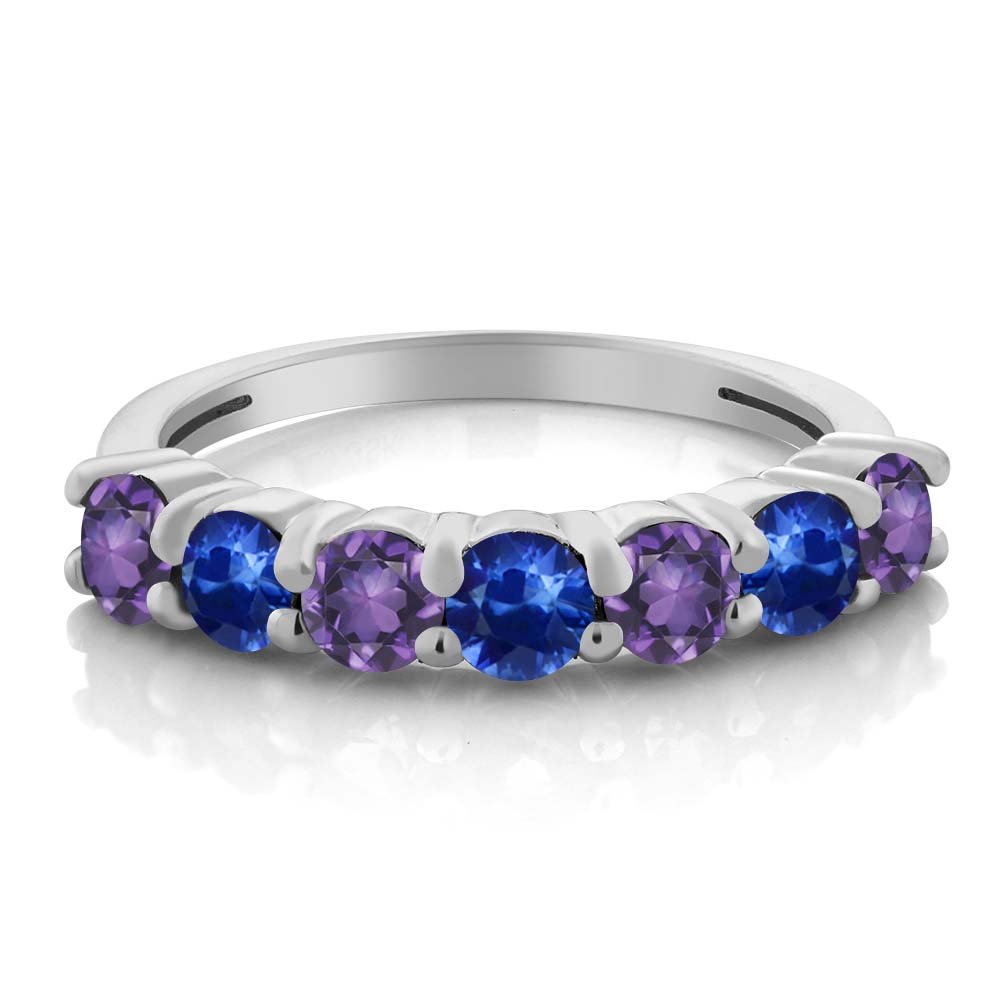 Gem Stone King 925 Sterling Silver Purple Amethyst and Blue Sapphire 7 Round Stone Wedding Anniversary Ring For Women (1.32 Cttw, Gemstone Birthstone, Available In Size 5, 6, 7, 8, 9)