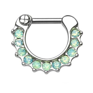 pierced owl opalites paved surgical steel septum clicker ring 16g - choose clear, green, or pink opal (green)