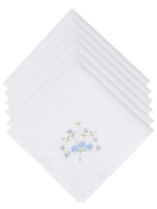 selected hanky women's cotton handkerchiefs flower embroidered with lace, ladies hankies 6 pcs - blue floral