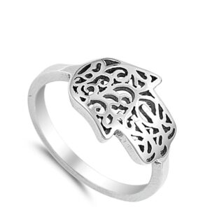 Sideways Hand of God Filigree Hamsa Ring .925 Sterling Silver Band Size 6