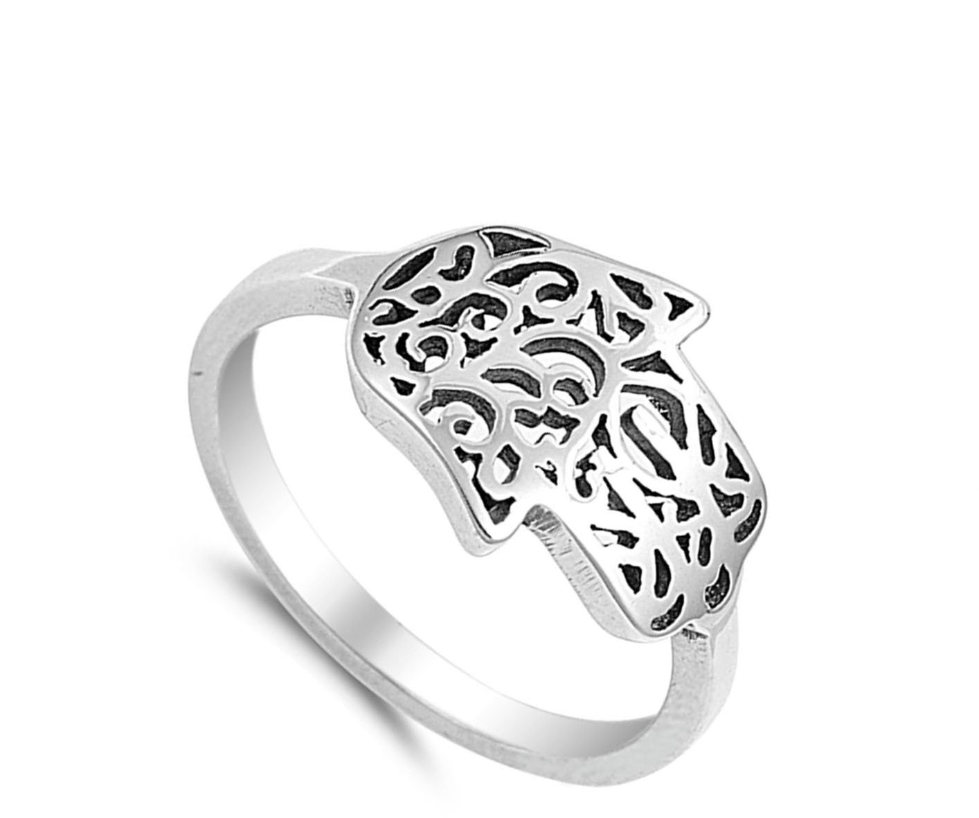 Sideways Hand of God Filigree Hamsa Ring .925 Sterling Silver Band Size 6