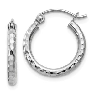 small 14k white gold diamond cut hoop earrings, (2mm tube) (.6 inch - 15mm)