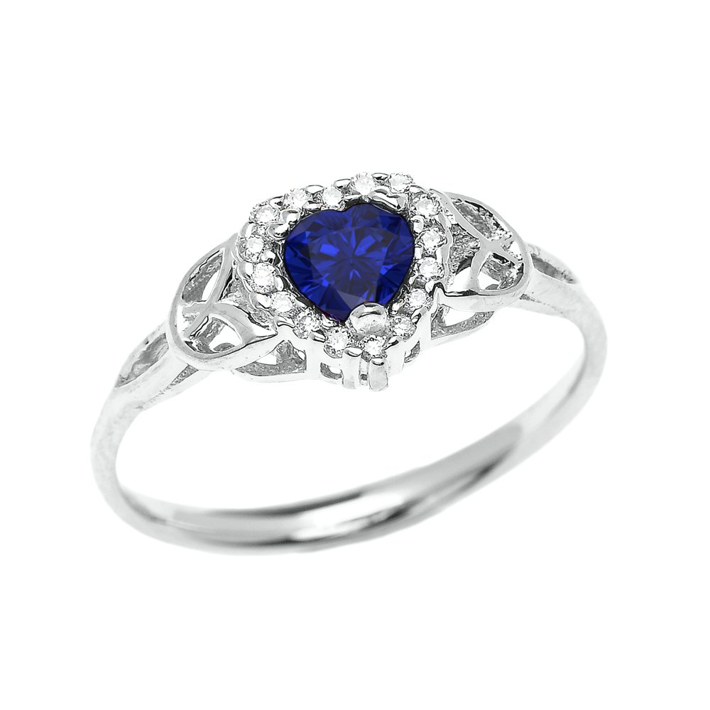 Dainty 10k White Gold Diamond and Sapphire Heart Trinity Knot Engagement Proposal Ring (Size 12)