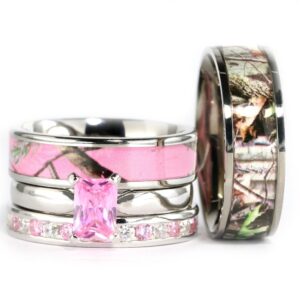 4pcs his hers camo pink radiant stainless steel sterling silver wedding ring set (size his 13, hers 08)