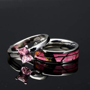 4pcs His Hers Camo Pink Radiant Stainless Steel Sterling Silver Wedding Ring Set (Size His 13, Hers 08)