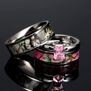 4pcs His Hers Camo Pink Radiant Stainless Steel Sterling Silver Wedding Ring Set (Size His 13, Hers 08)