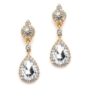 mariell gold clip-on earrings with austrian crystal teardrop dangles - prom & bridal chandelier clip ons