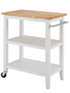 trinity 30-inch wood kitchen coffee cart with wheels, two shelves, and rubberwood work surface for kitchen storage and food preparation, 30” w x 18” d x 35” h