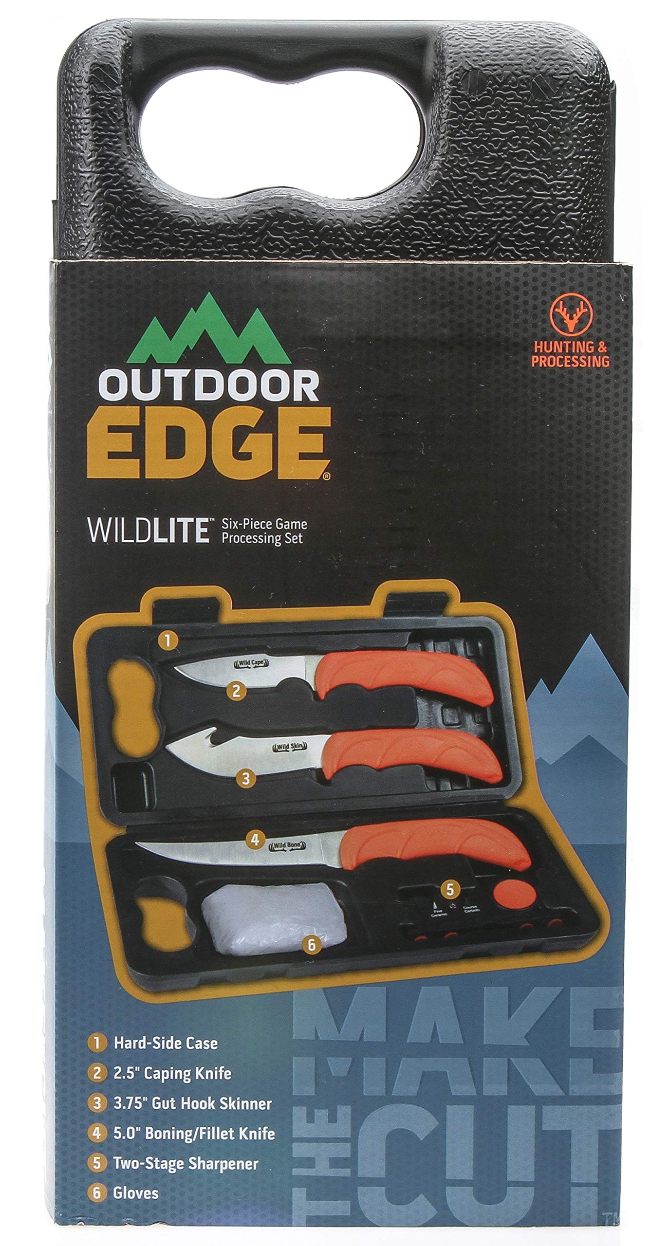 Outdoor Edge WildLite - 6-Piece Field to Freezer Hunting & Game Processing Knife Set with Gut Hook Skinning Knife, Caping Knife - Hard-Side Case