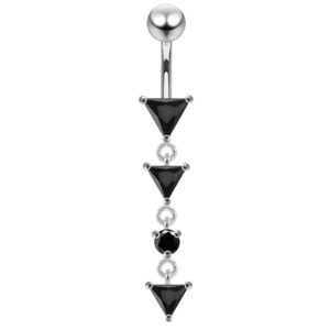 black gemstone fancy triple triangle gems dangling 925 sterling silver with stainless steel belly button navel rings