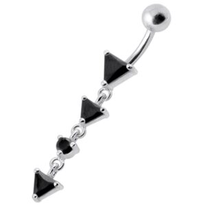 Black Gemstone Fancy Triple Triangle Gems Dangling 925 Sterling Silver with Stainless Steel Belly Button Navel Rings