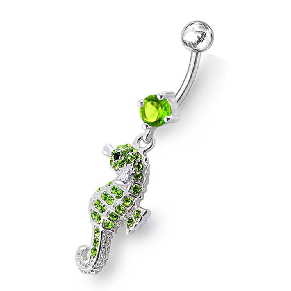 Light Green Gemstone Fancy Seahorse Dangling 925 Sterling Silver with Stainless Steel Belly Button Navel Rings