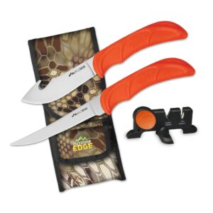 outdoor edge wildbone, 4-piece hunting knife set, field dressing & game processing knives - gut-hook skinning & boning/fillet knife, carbine/ceramic sharpener, camo belt scabbard - deer & elk