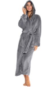 alexander del rossa women's robes, long plush bathrobe, womens robe with hood, hooded robes for women plus size robe steel gray xl (a0116stlxl)