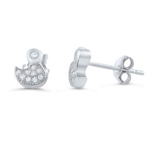 rhodium plated sterling silver cubic zirconia duck womens earrings, comes gift ready, unique gifts for women tiny cartilage earrings silver second tiny studs for ladies - 6mm