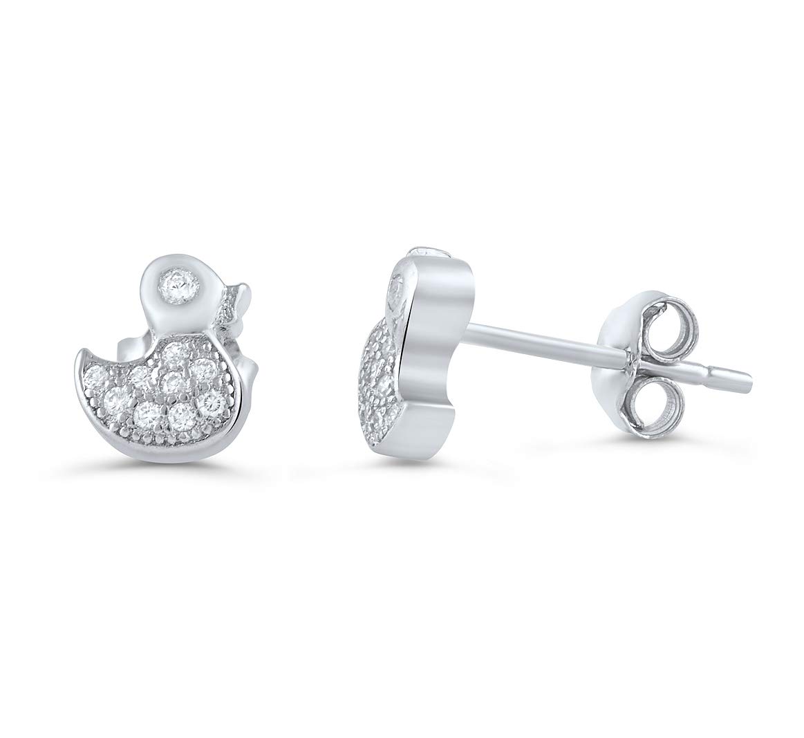 Rhodium Plated Sterling Silver Cubic Zirconia Duck Womens Earrings, Comes Gift Ready, Unique gifts for Women Tiny cartilage earrings Silver Second Tiny Studs for Ladies - 6mm