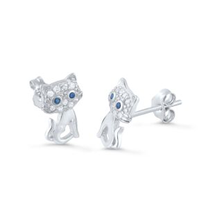 rhodium plated sterling silver cubic zirconia cat womens earrings, comes gift ready, unique gifts for women tiny cartilage earrings silver second tiny studs for girls - 9mm