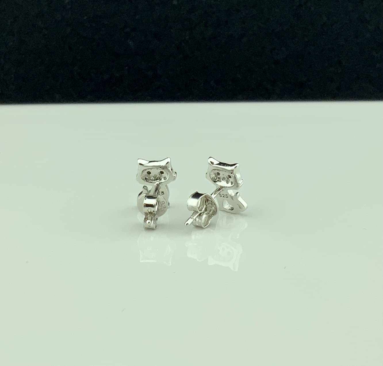 Rhodium Plated Sterling Silver Cubic Zirconia Cat Womens Earrings, Comes Gift Ready, Unique gifts for Women Tiny cartilage earrings Silver Second Tiny Studs for Girls - 9mm