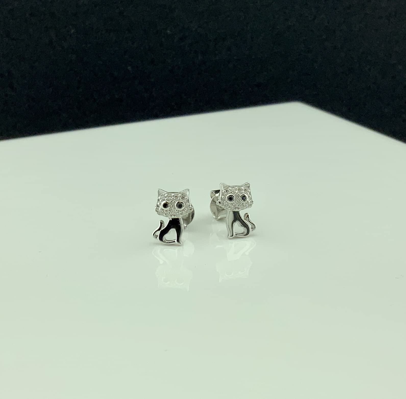 Rhodium Plated Sterling Silver Cubic Zirconia Cat Womens Earrings, Comes Gift Ready, Unique gifts for Women Tiny cartilage earrings Silver Second Tiny Studs for Girls - 9mm