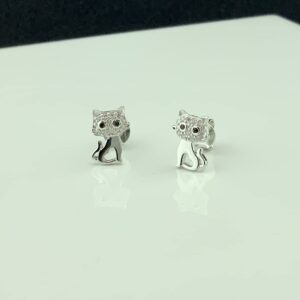 Rhodium Plated Sterling Silver Cubic Zirconia Cat Womens Earrings, Comes Gift Ready, Unique gifts for Women Tiny cartilage earrings Silver Second Tiny Studs for Girls - 9mm