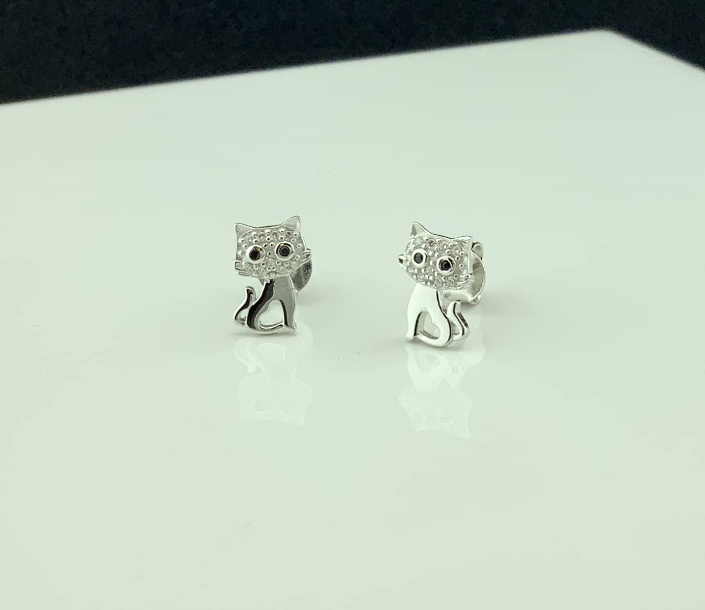 Rhodium Plated Sterling Silver Cubic Zirconia Cat Womens Earrings, Comes Gift Ready, Unique gifts for Women Tiny cartilage earrings Silver Second Tiny Studs for Girls - 9mm