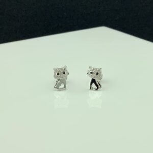 Rhodium Plated Sterling Silver Cubic Zirconia Cat Womens Earrings, Comes Gift Ready, Unique gifts for Women Tiny cartilage earrings Silver Second Tiny Studs for Girls - 9mm