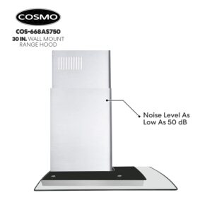 COSMO COS-668AS750 30 in. Wall Mount Range Hood with 380 CFM, Curved Glass, Ducted Convertible Ductless (additional filters needed, not included), 3 Speeds, Permanent Filters in Stainless Steel