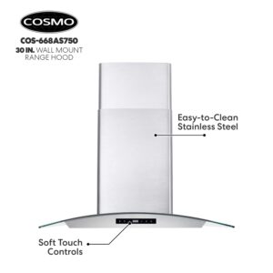 COSMO COS-668AS750 30 in. Wall Mount Range Hood with 380 CFM, Curved Glass, Ducted Convertible Ductless (additional filters needed, not included), 3 Speeds, Permanent Filters in Stainless Steel