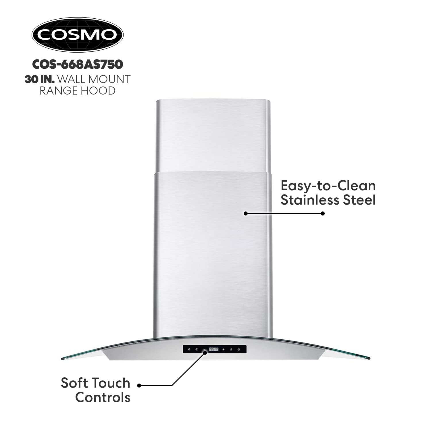 COSMO COS-668AS750 30 in. Wall Mount Range Hood with 380 CFM, Curved Glass, Ducted Convertible Ductless (additional filters needed, not included), 3 Speeds, Permanent Filters in Stainless Steel