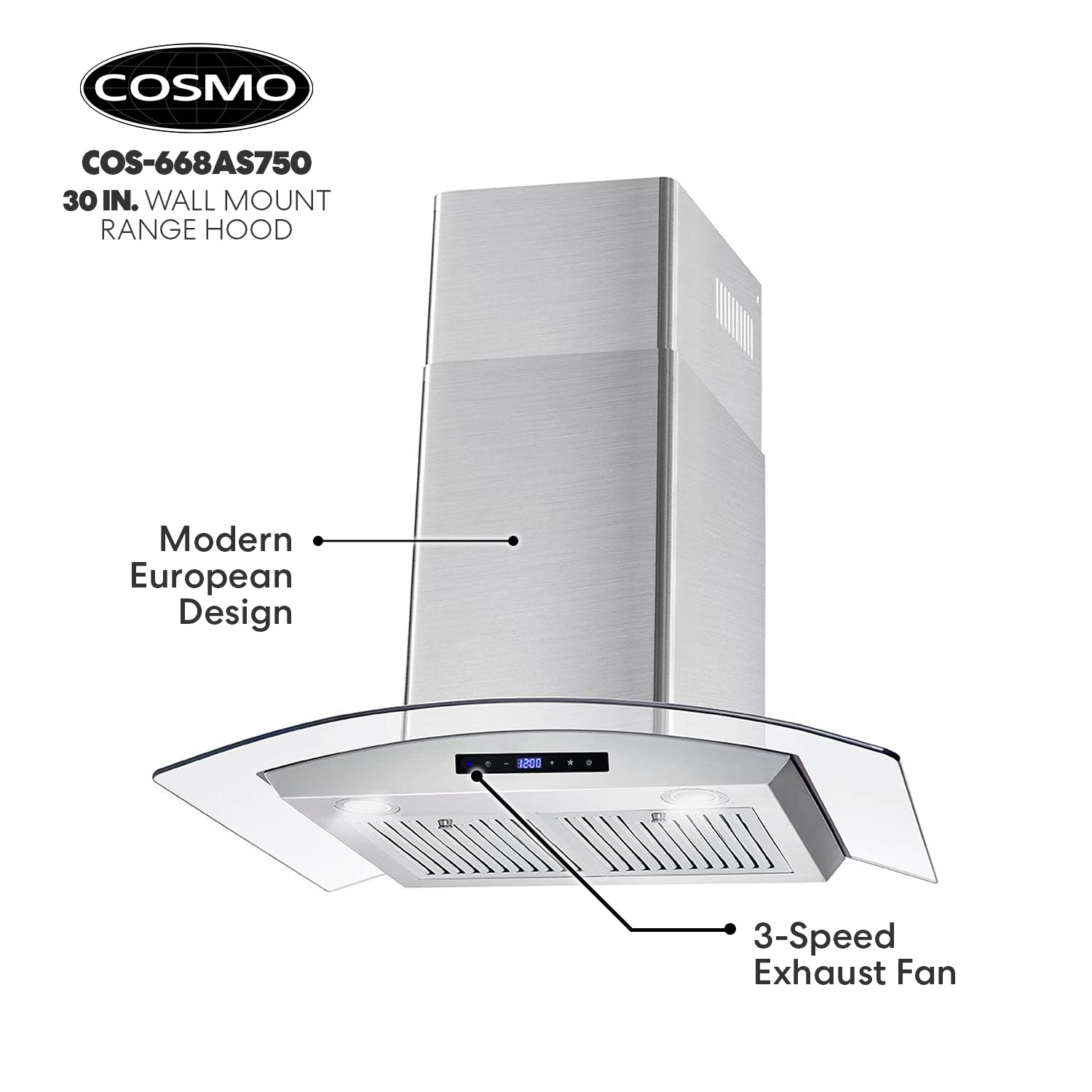 COSMO COS-668AS750 30 in. Wall Mount Range Hood with 380 CFM, Curved Glass, Ducted Convertible Ductless (additional filters needed, not included), 3 Speeds, Permanent Filters in Stainless Steel