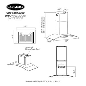 COSMO COS-668AS750 30 in. Wall Mount Range Hood with 380 CFM, Curved Glass, Ducted Convertible Ductless (additional filters needed, not included), 3 Speeds, Permanent Filters in Stainless Steel