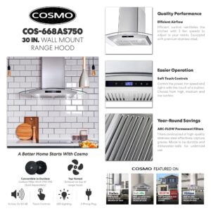 COSMO COS-668AS750 30 in. Wall Mount Range Hood with 380 CFM, Curved Glass, Ducted Convertible Ductless (additional filters needed, not included), 3 Speeds, Permanent Filters in Stainless Steel