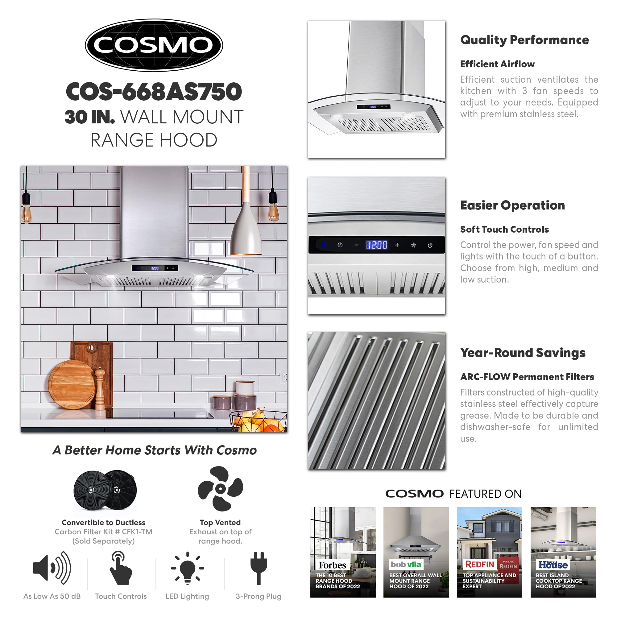 COSMO COS-668AS750 30 in. Wall Mount Range Hood with 380 CFM, Curved Glass, Ducted Convertible Ductless (additional filters needed, not included), 3 Speeds, Permanent Filters in Stainless Steel