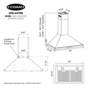 COSMO COS-63175S Wall Mount Range Hood with Ducted Convertible Ductless (No Kit Included), Ceiling Chimney-Style Stove Vent, LEDs Light, Permanent Filter, 3 Speed Fan in Stainless Steel (30 inch)