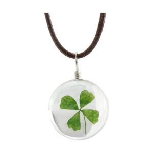 fm fm42 dried leaves lucky 4-leaf clover in glass ball pendant necklace fn4010