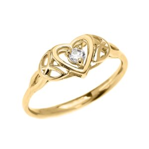 modern contemporary rings dainty 14k yellow gold trinity knot heart solitaire diamond engagement and proposal ring (size 5)