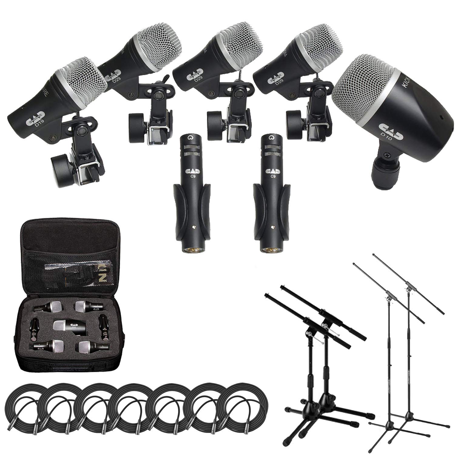 CAD Audio Stage7 Premium 7-Piece Drum Instrument Mic Pack with Vinyl Carrying Case with 2 Mic Stands & 2 Kick Stands and 7 XLR Microphone Cables XLR-M to XLR-F