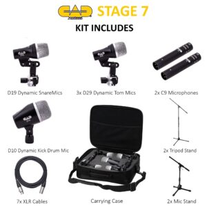 CAD Audio Stage7 Premium 7-Piece Drum Instrument Mic Pack with Vinyl Carrying Case with 2 Mic Stands & 2 Kick Stands and 7 XLR Microphone Cables XLR-M to XLR-F