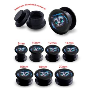 1 Piece of 5/8 Inch - 16mm Cheshire Cat Logo Internally Threaded Black Acrylic Double Flared Flesh Ear Plug