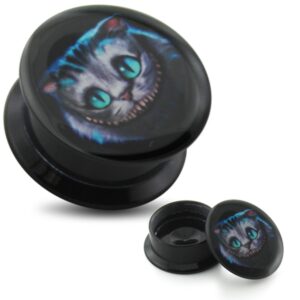 1 Piece of 5/8 Inch - 16mm Cheshire Cat Logo Internally Threaded Black Acrylic Double Flared Flesh Ear Plug