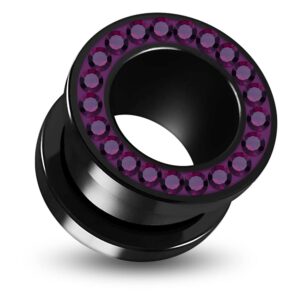 piercingpoint 1 piece of 00 gauge - 10mm multi amethyst purple crystal stone setting on black acrylic ear gauge flesh tunnel