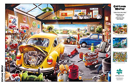 Buffalo Games - Hiro Tanikawa - Cartoon World - Sam's Garage - 1000 Piece Jigsaw Puzzle Yellow, Red, Brown, 26.75"L X 19.75"W