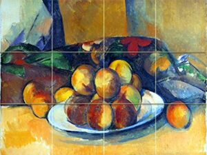 art cezanne plate of peaches tumbled marble mural backsplash kitchen tile behind stove range sink splashback