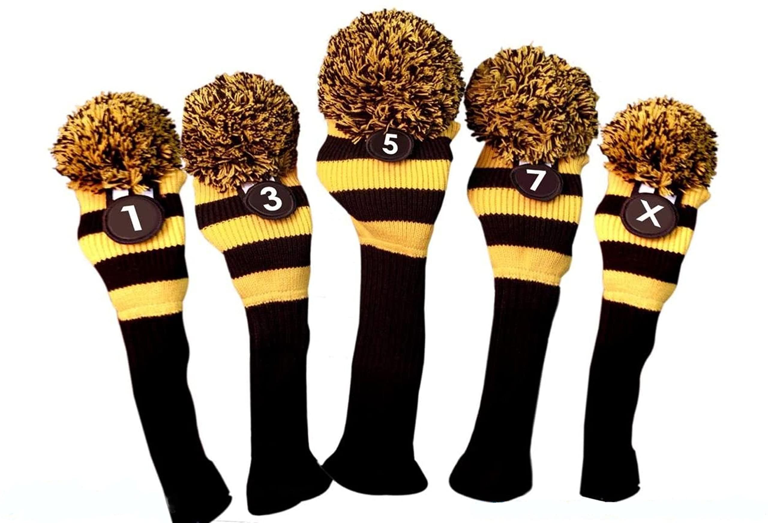 Majek Golf Club 1 3 5 7 X Yellow and Black Limited Edition Driver and Fairway Wood Head Covers Fits 460cc Drivers Tour Knit Retro Vintage Pom Classic Long Neck Metal Longneck Woods Headcovers