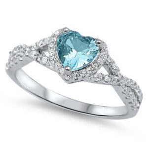 heart blue simulated aquamarine halo ring .925 sterling silver infinity knot size 9