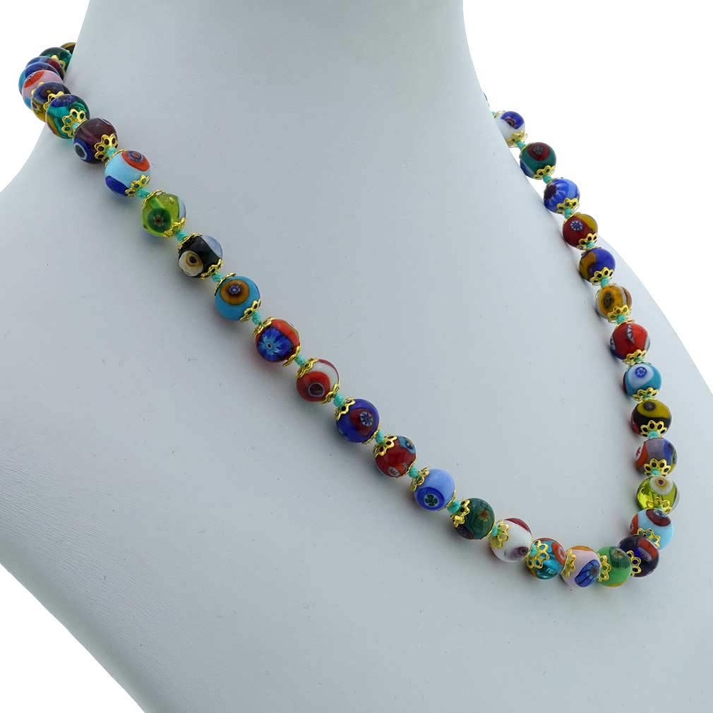 Glass Of Venice Murano Glass Necklace Shorter Length 17-Inches - Italian Millefiori Multicolor Mosaic Beads Handmade Blown Glass - Murano Glass Necklaces for Women