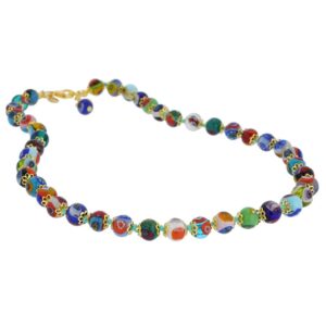 Glass Of Venice Murano Glass Necklace Shorter Length 17-Inches - Italian Millefiori Multicolor Mosaic Beads Handmade Blown Glass - Murano Glass Necklaces for Women