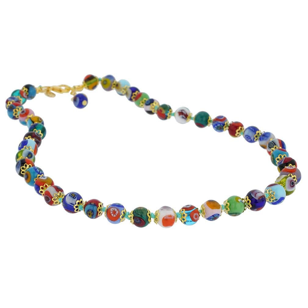 Glass Of Venice Murano Glass Necklace Shorter Length 17-Inches - Italian Millefiori Multicolor Mosaic Beads Handmade Blown Glass - Murano Glass Necklaces for Women